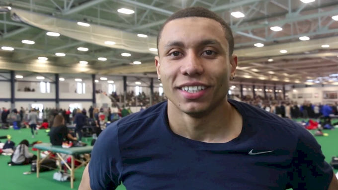 Isaiah Harris thanks Cas Loxsom for his NCAA 600m record run
