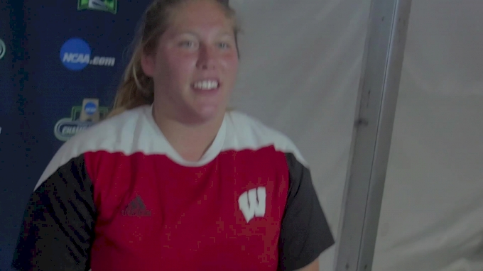 Kelsey Card of Wisconsin after winning the discus